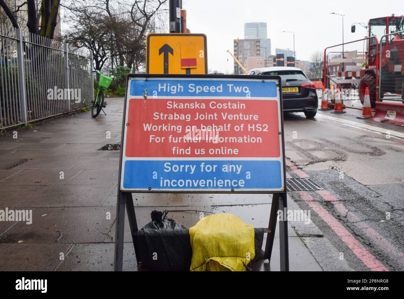 London, UK. 9th March 2023. A road sign at the HS2 construction site ...