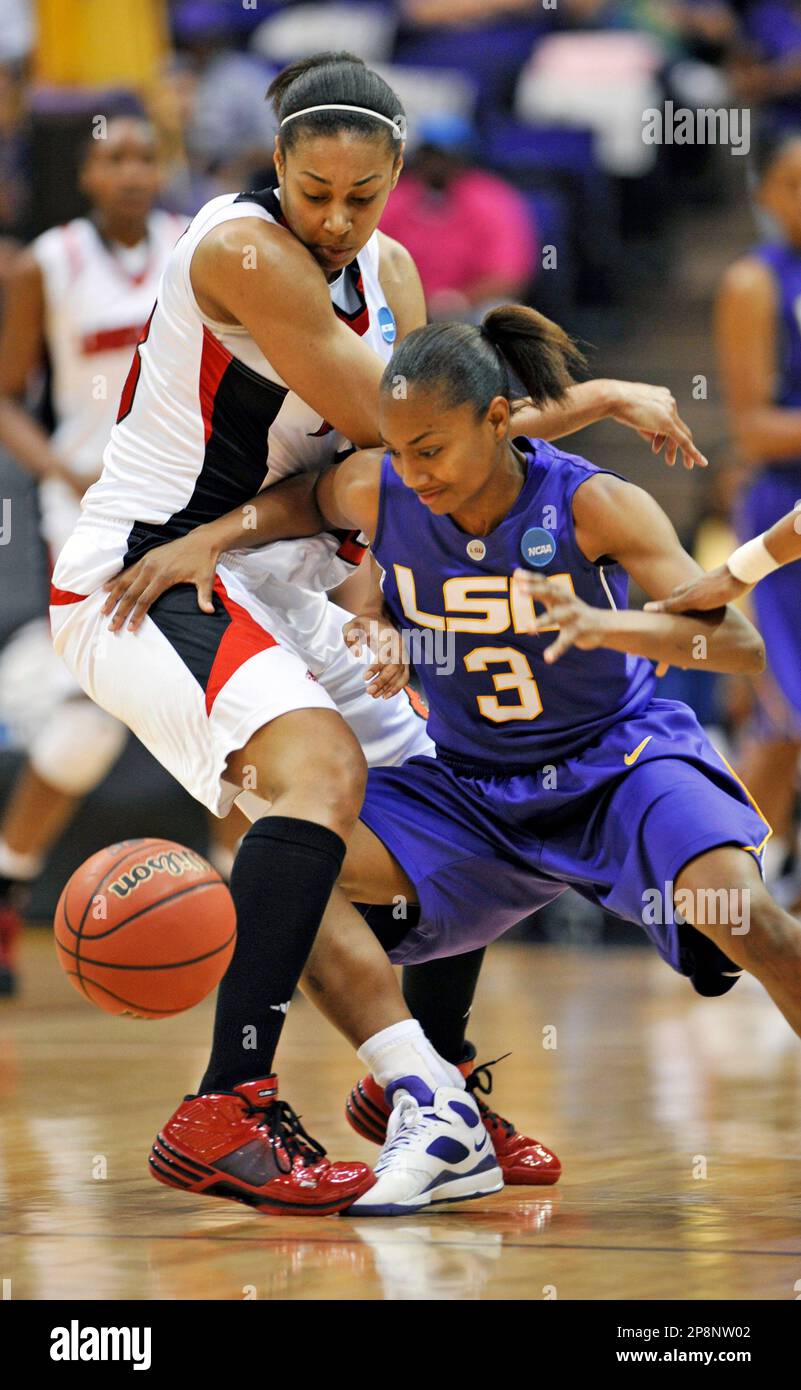 LSU guard Latear Eason (3) battles Louisville forward Candyce Bingham ...