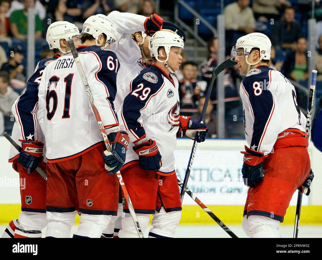 Columbus Blue Jackets' Jan Hejda (8), of the Czech Republic, celebrates ...