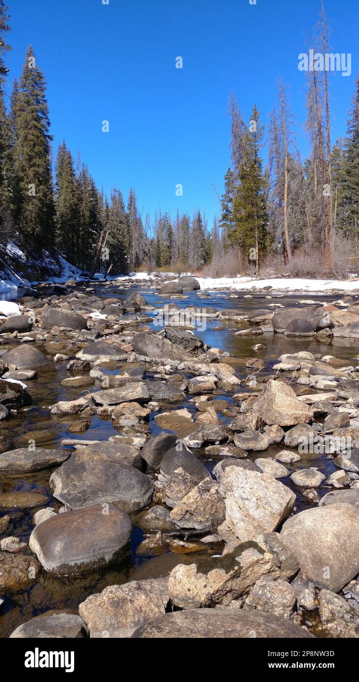 A scenic landscape of a riverbank featuring large rocks and trees along ...
