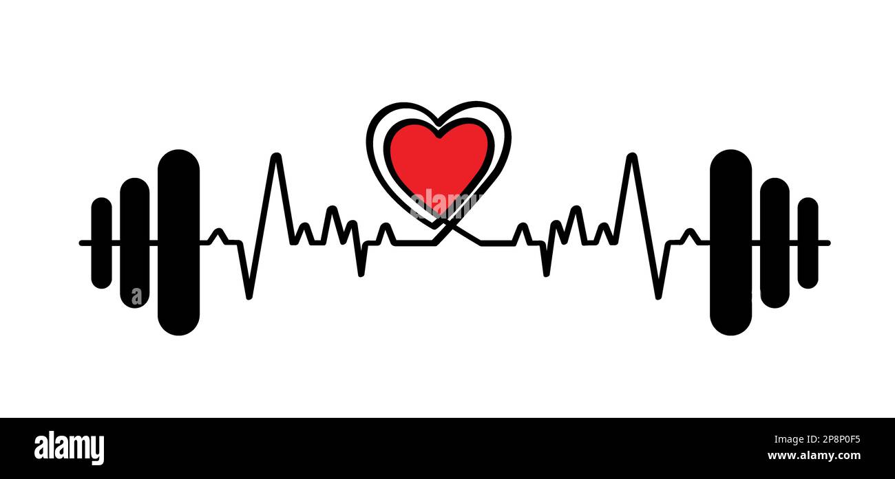 Cartoon barbell weight with love heart and heartbeat line pulse ...