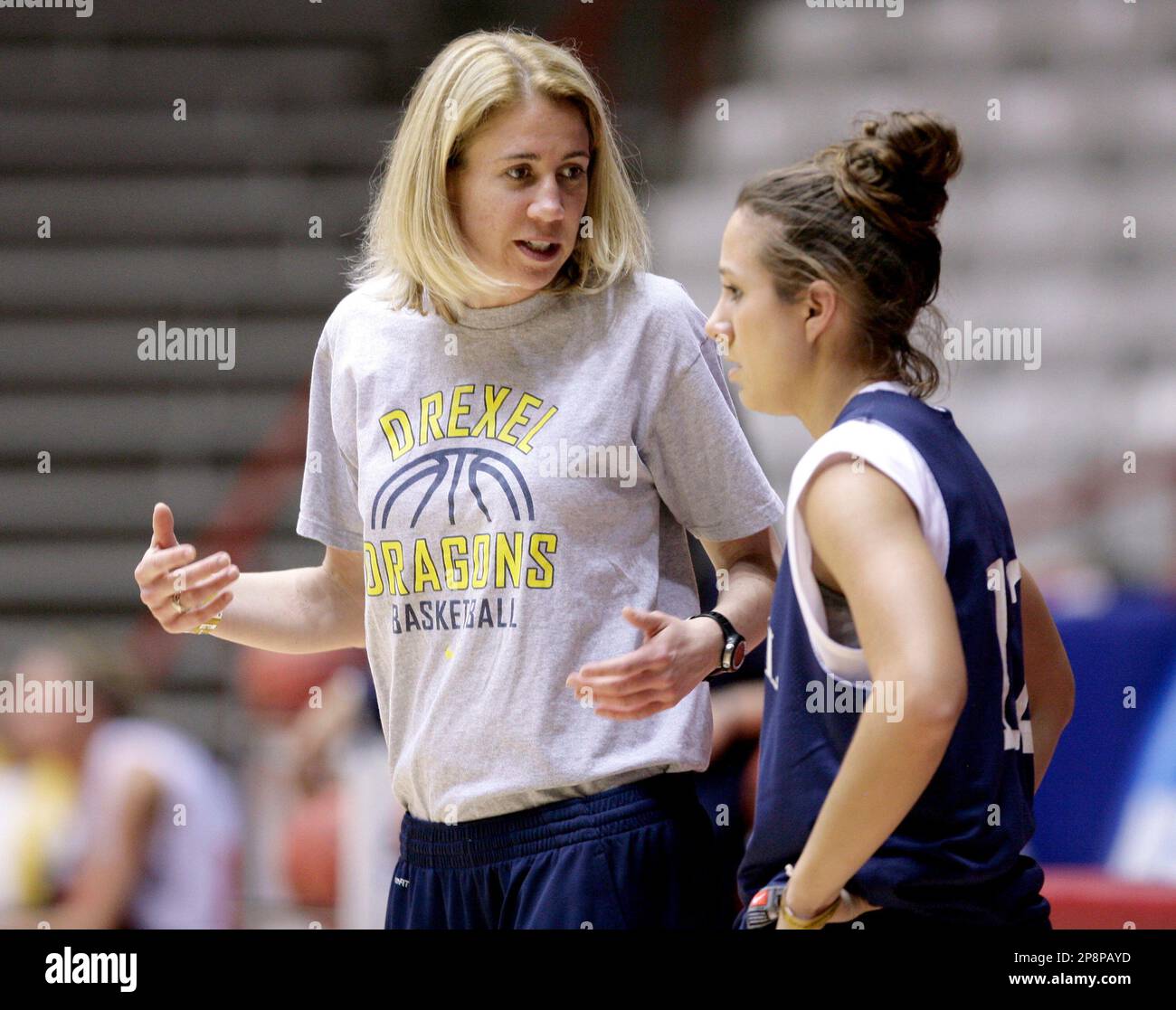 Drexel head coach Denise Dillon talks with guard Marisa Crane during a ...