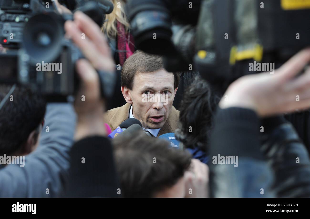 Defense attorney Rudolf Mayer speaks in front of the entrance of the ...