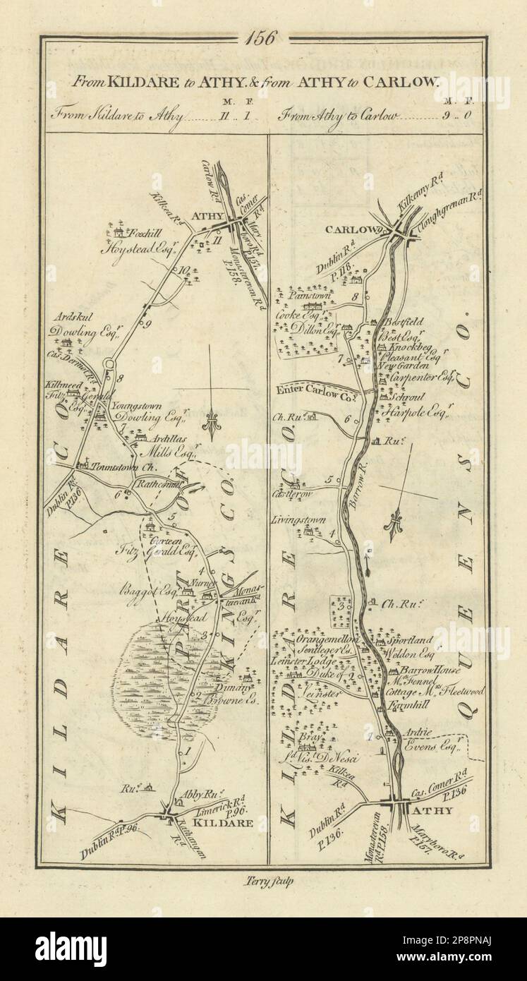#156 Kildare to Athy & Athy to Carlow. TAYLOR/SKINNER 1778 old antique ...