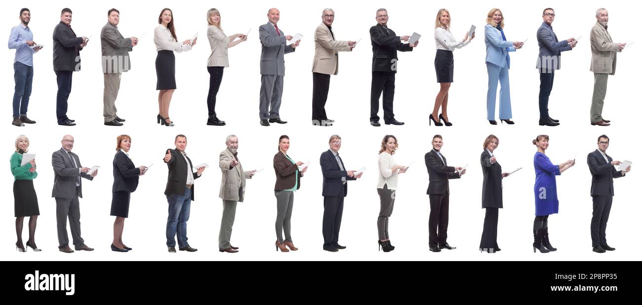 group of people demonstrating tablet looking at camera Stock Photo - Alamy