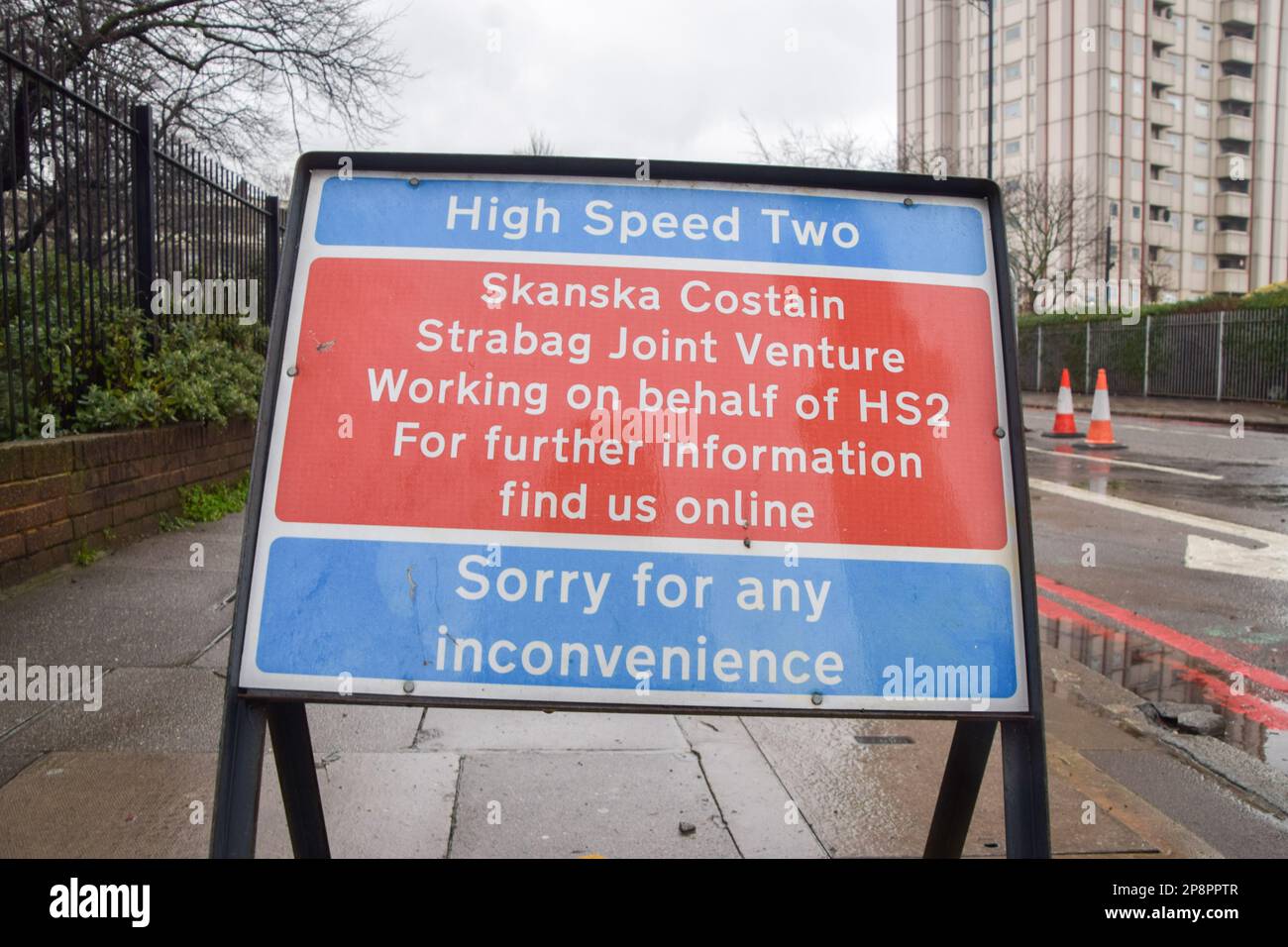 London, England, UK. 9th Mar, 2023. A road sign at the HS2 construction ...