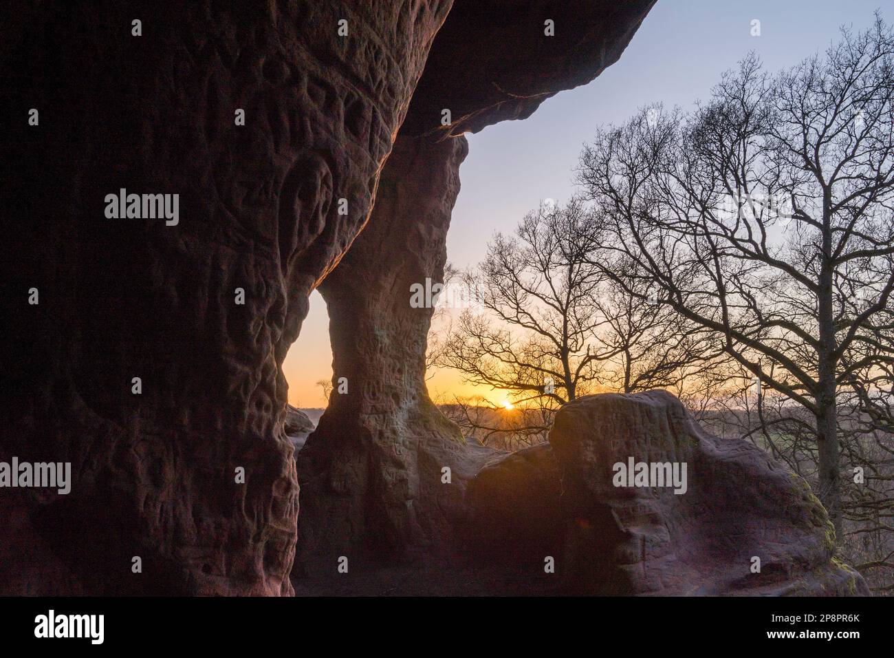 England, West Midlands, Kinver Edge. Carved graffiti in the sandstone ...