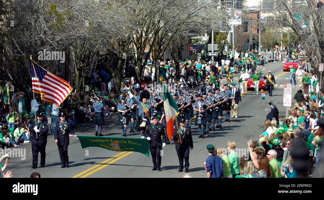 Members of the Rockland County, New York Pipe and Drum band march ...