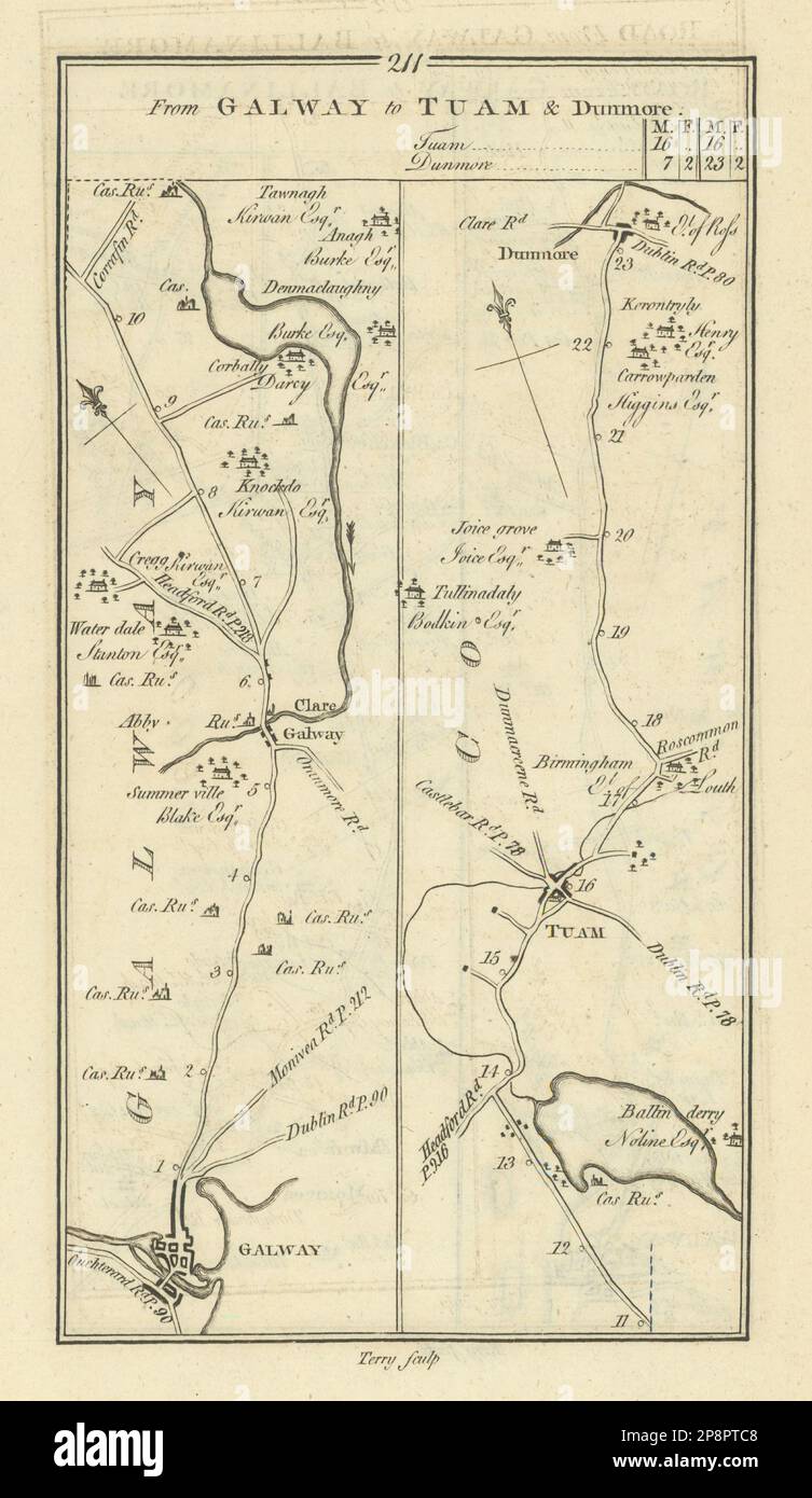 #211 Galway to Tuam & Dunmore. Claregalway. TAYLOR/SKINNER 1778 old map ...