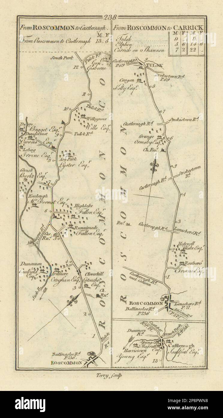 #238 Roscommon to Castlerea & Carrick. Tulsk. TAYLOR/SKINNER 1778 old ...