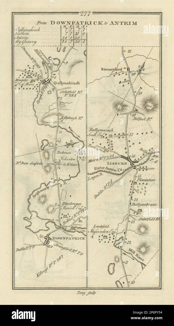 #277 Downpatrick to Antrim. Ballynahinch Lisburn. TAYLOR/SKINNER 1778 ...