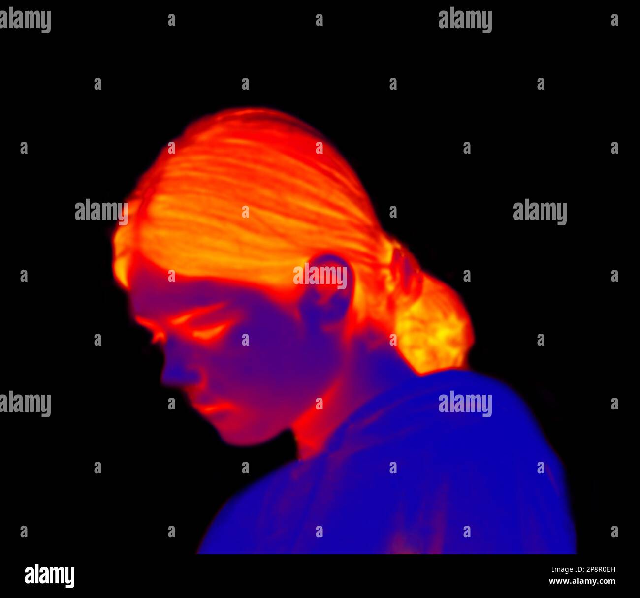 Portrait of a modest girl. Illustration of thermal image. Blurred ...
