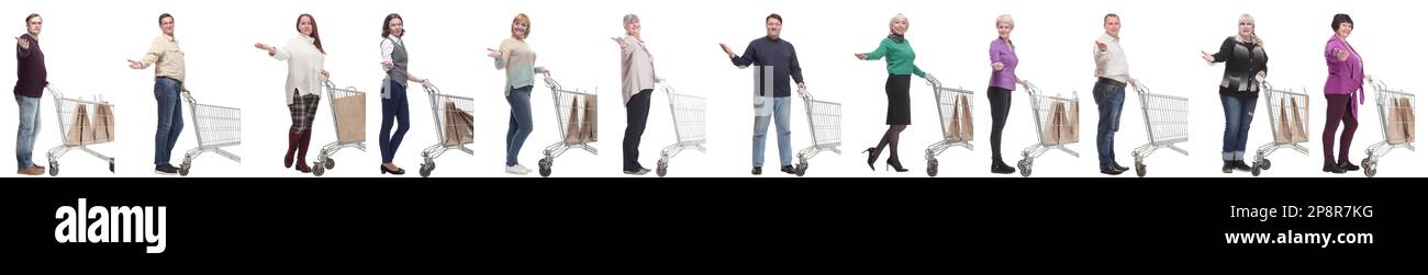 group of people with shopping cart on white Stock Photo - Alamy
