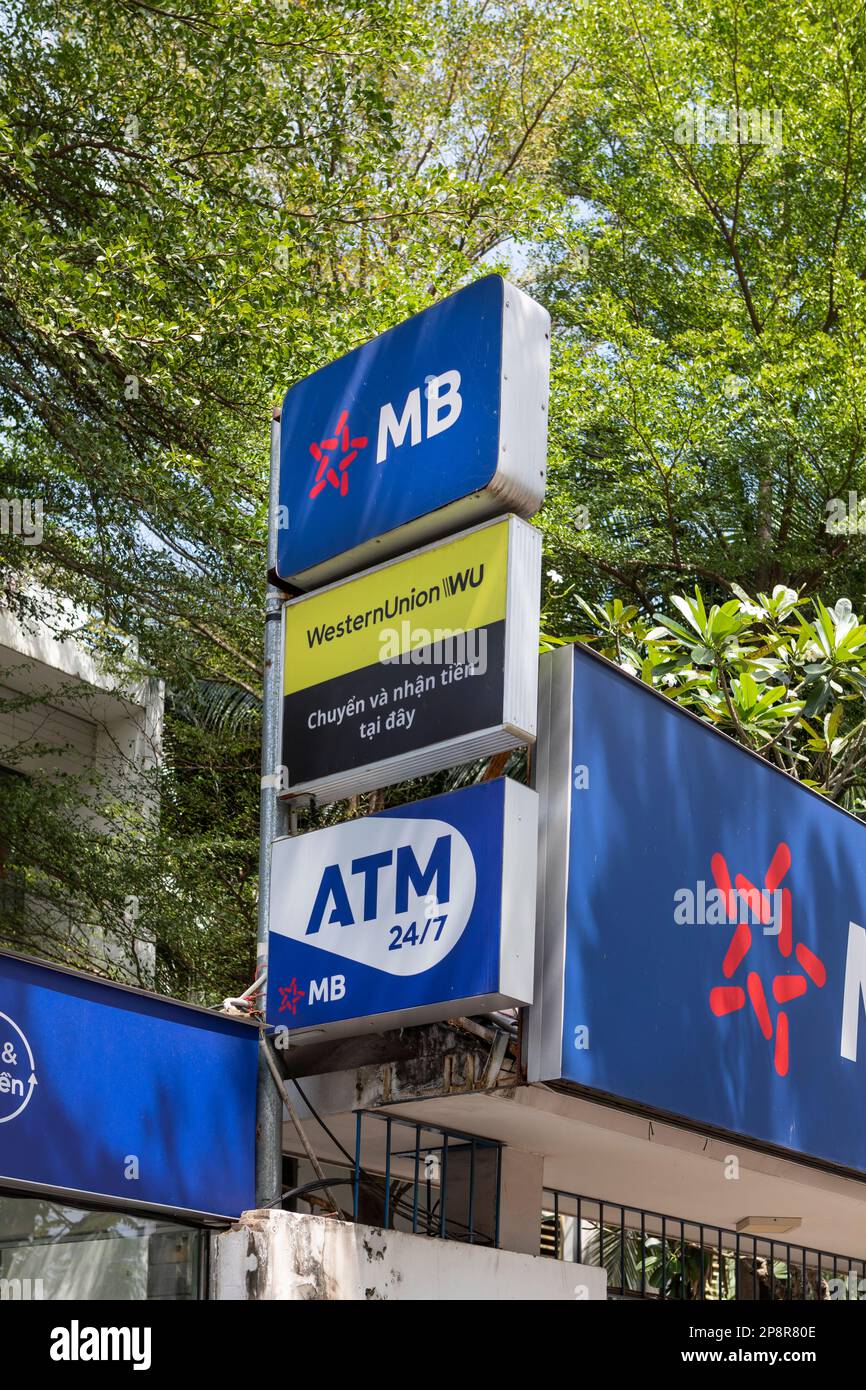 Signs for roadside ATM machines in Ho Chi Minh City, Vietnam Stock ...