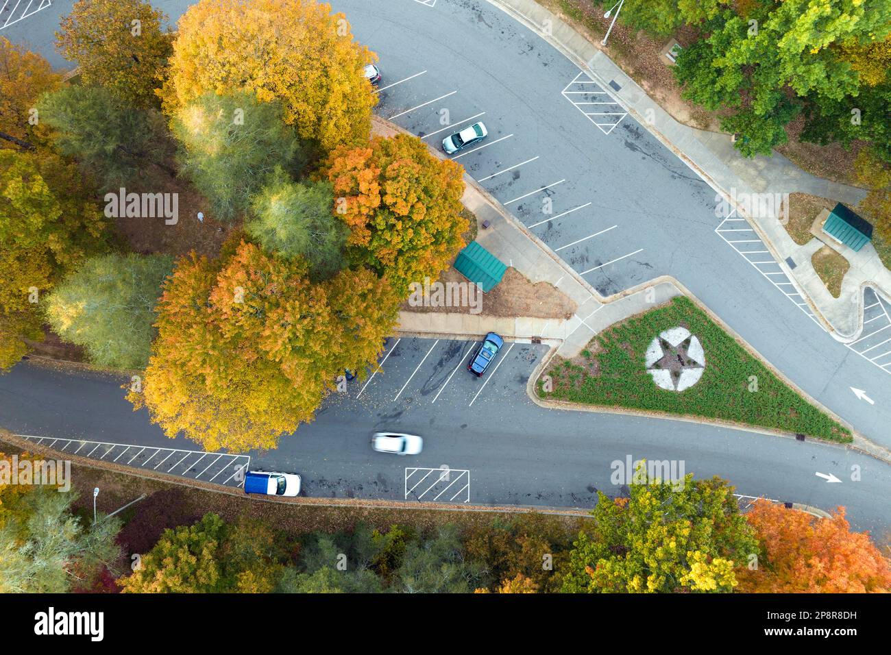 Top view of large rest area near busy multilane american freeway with ...