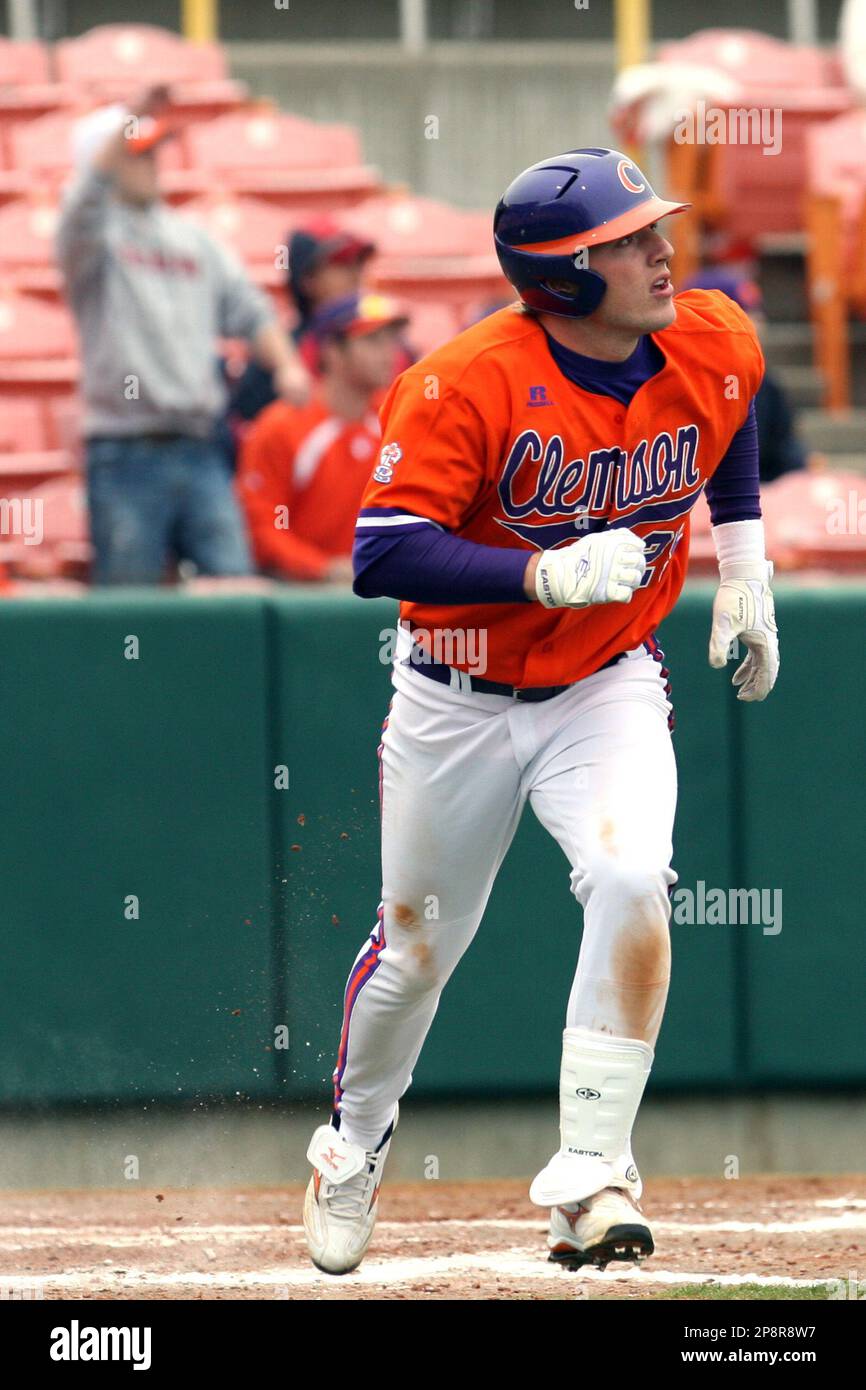 Clemson's Kyle Parker watches the ball after hitting a two-run home run ...