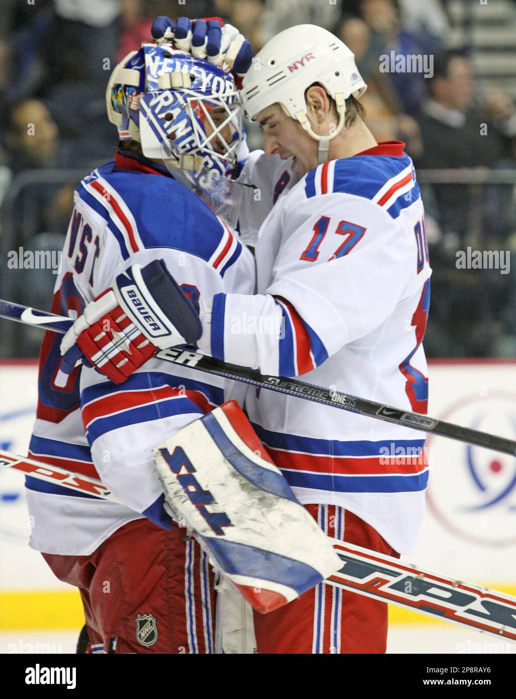 New York Rangers center Brandon Dubinsky (17) congratulates goalie ...