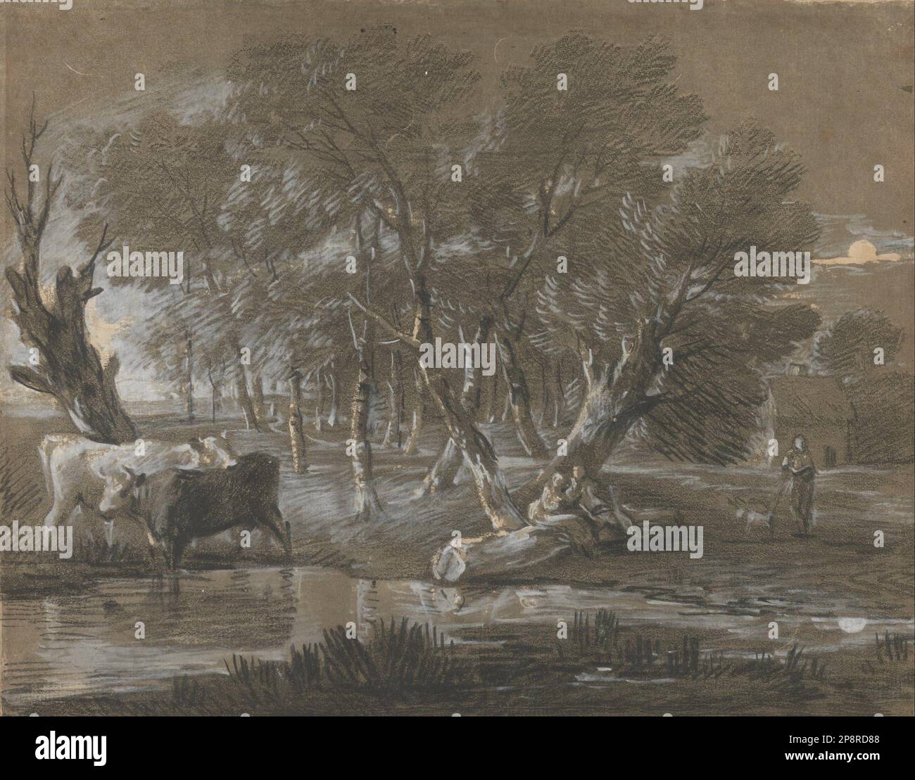 A Moonlit Landscape with Cattle by a Pool circa 1780 by Thomas ...
