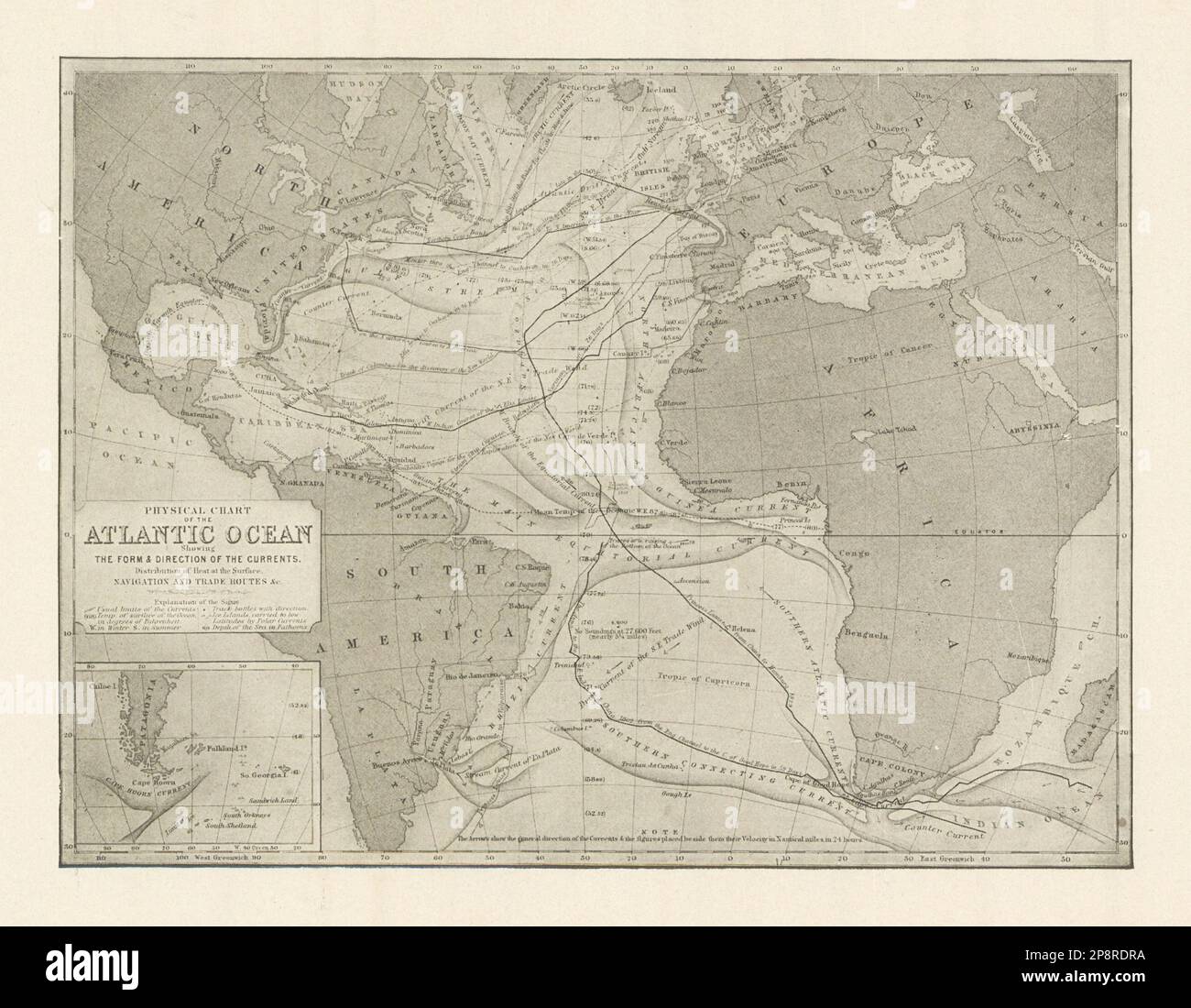 Physical Chart of the Atlantic Ocean 1907 old antique vintage map plan ...