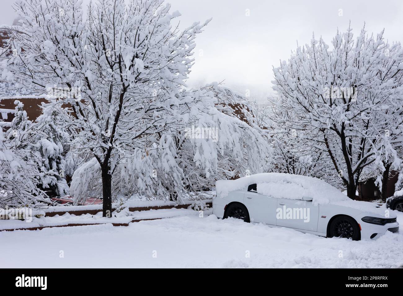 A white car in deep snow in a parking lot, with red rock mountains in ...