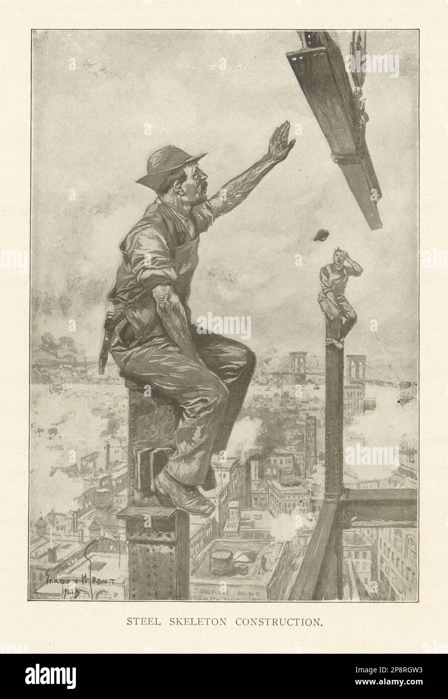 Steel Skeleton Construction. Engineering 1907 old antique print picture ...