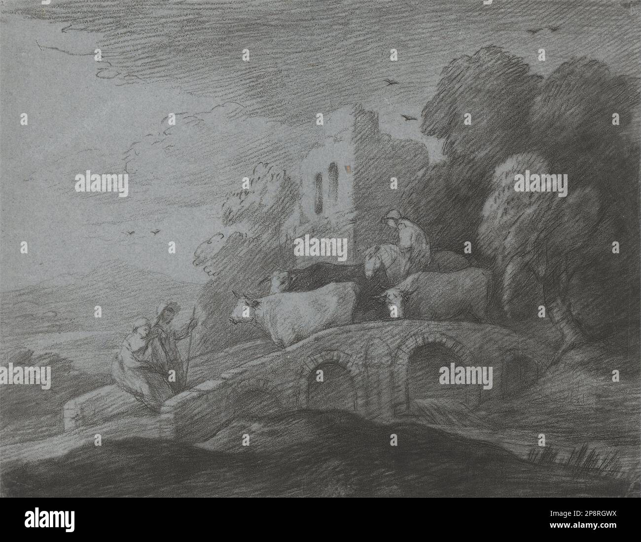 Wooded Landscape with Herdsman Driving Cattle over a Bridge, Rustic ...