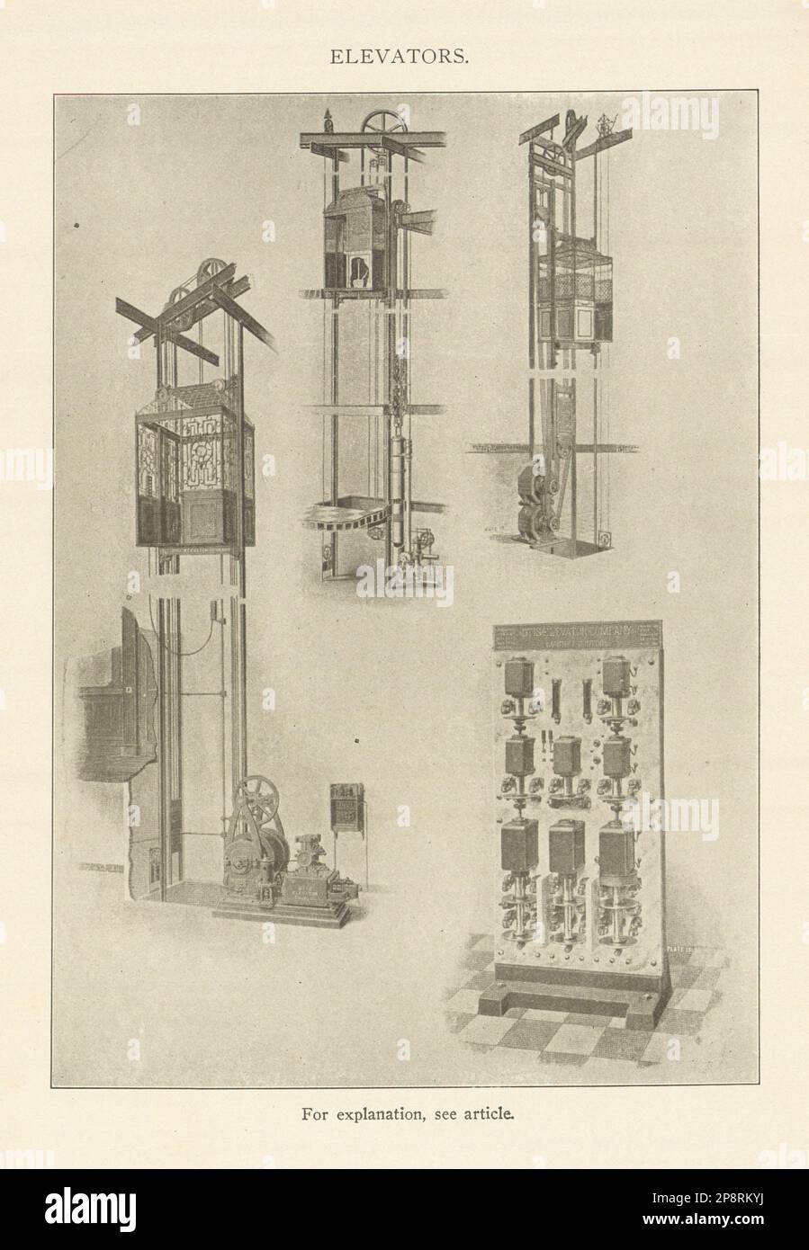 Elevators. Engineering 1907 old antique vintage print picture Stock Photo - Alamy