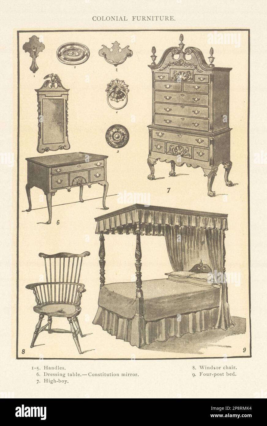 COLONIAL FURNITURE Handles Dressing table mirror High-boy Windsor chair ...