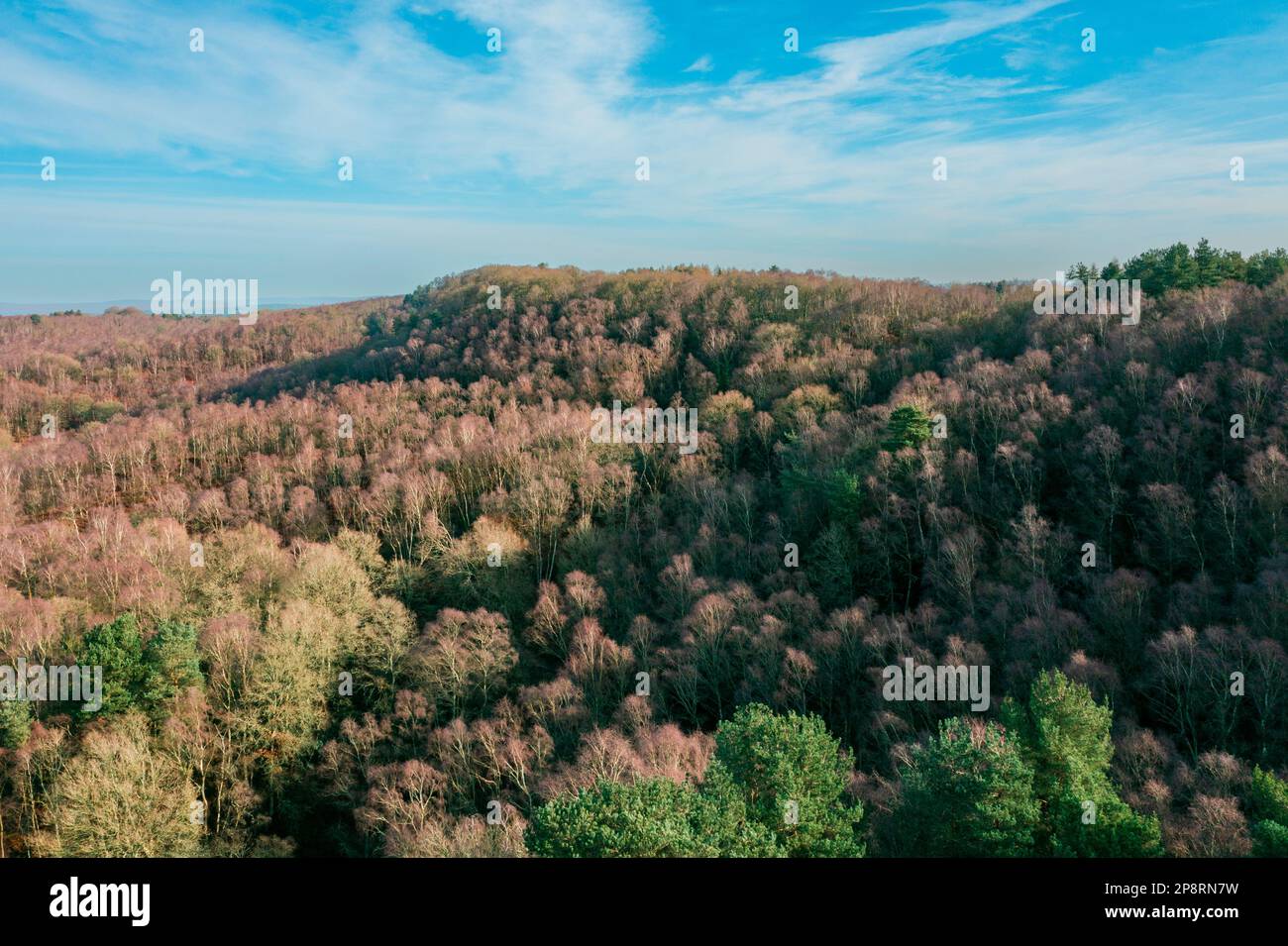 England, West Midlands, Kinver Edge. Aerial view of the sandstone ridge ...