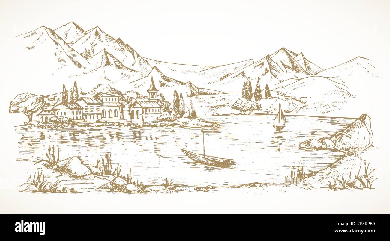 Hand Drawn Lake Landscape Vector Illustration. Mountain and lake View ...