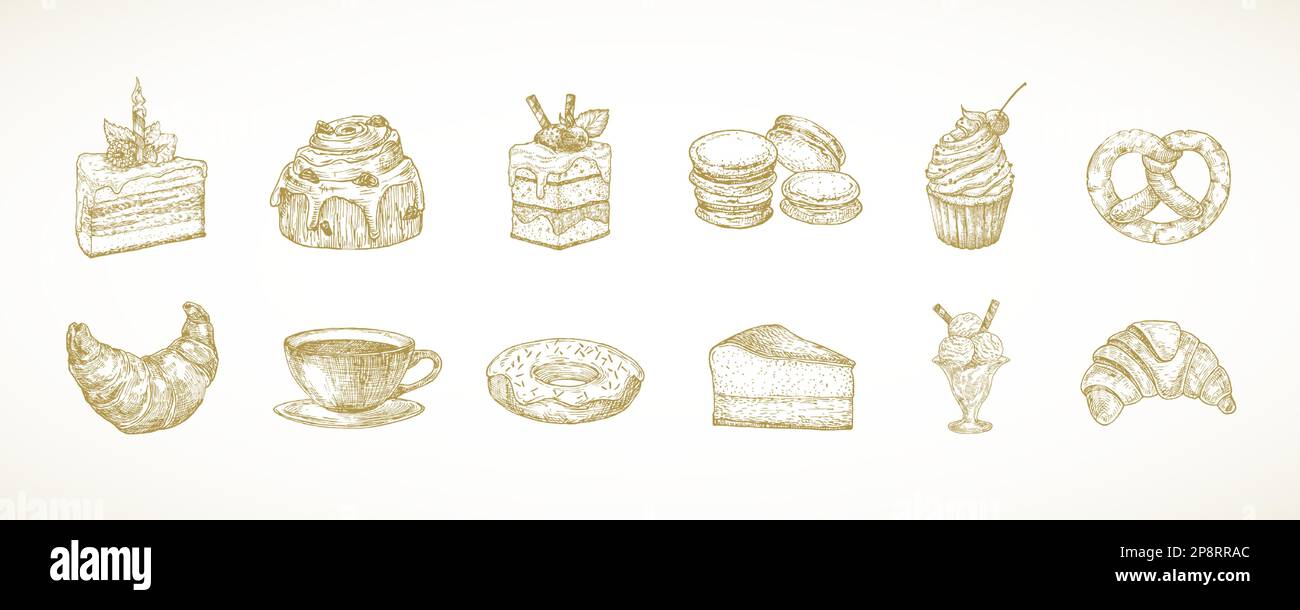 Dessert Sweets Hand Drawn Doodle Vector Illustrations Set. Cakes, Donut ...