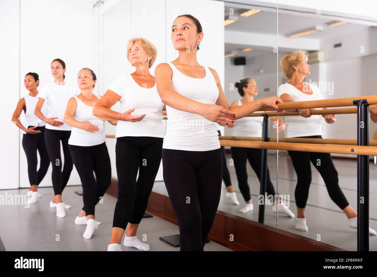Group of women engaged in ballet in a dance studio performs a ...