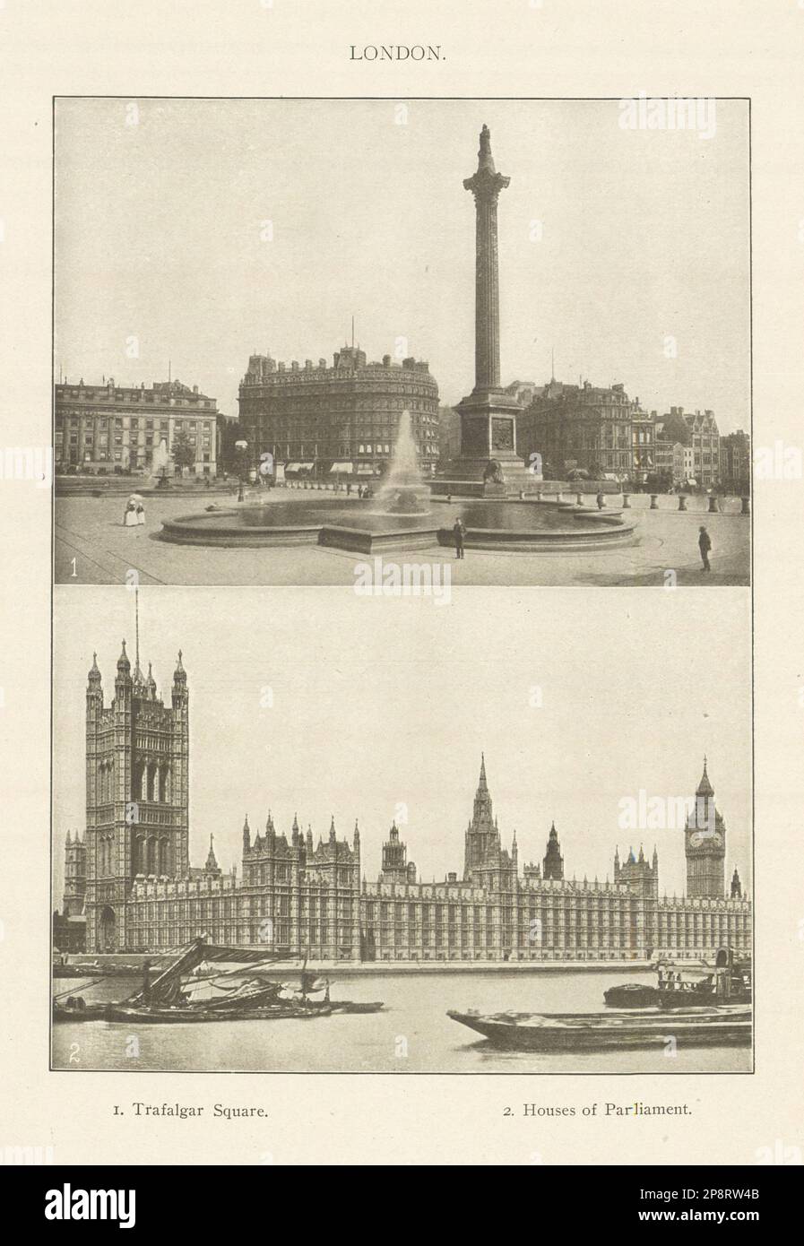 LONDON. 1. Trafalgar Square. 2 . Houses of Parliament 1907 old antique ...