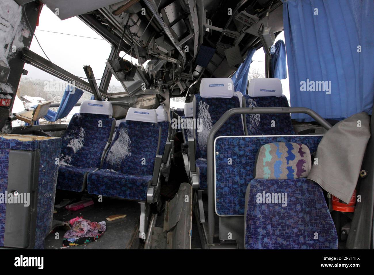 Inside view of the wreck of a crashed Montenegrin bus in village of ...