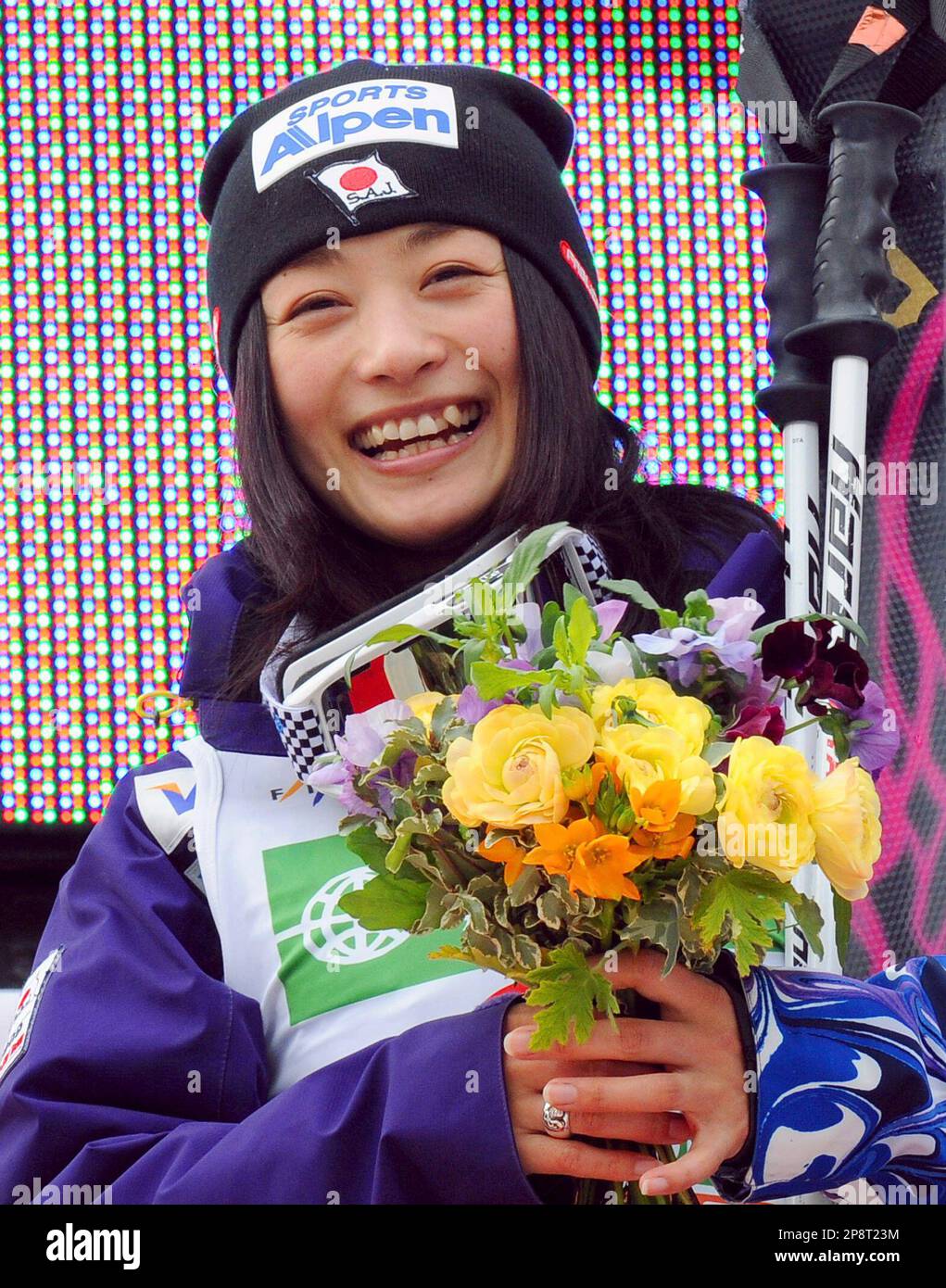 Japan's Aiko Uemura is all smiles after winning the womens dual moguls ...