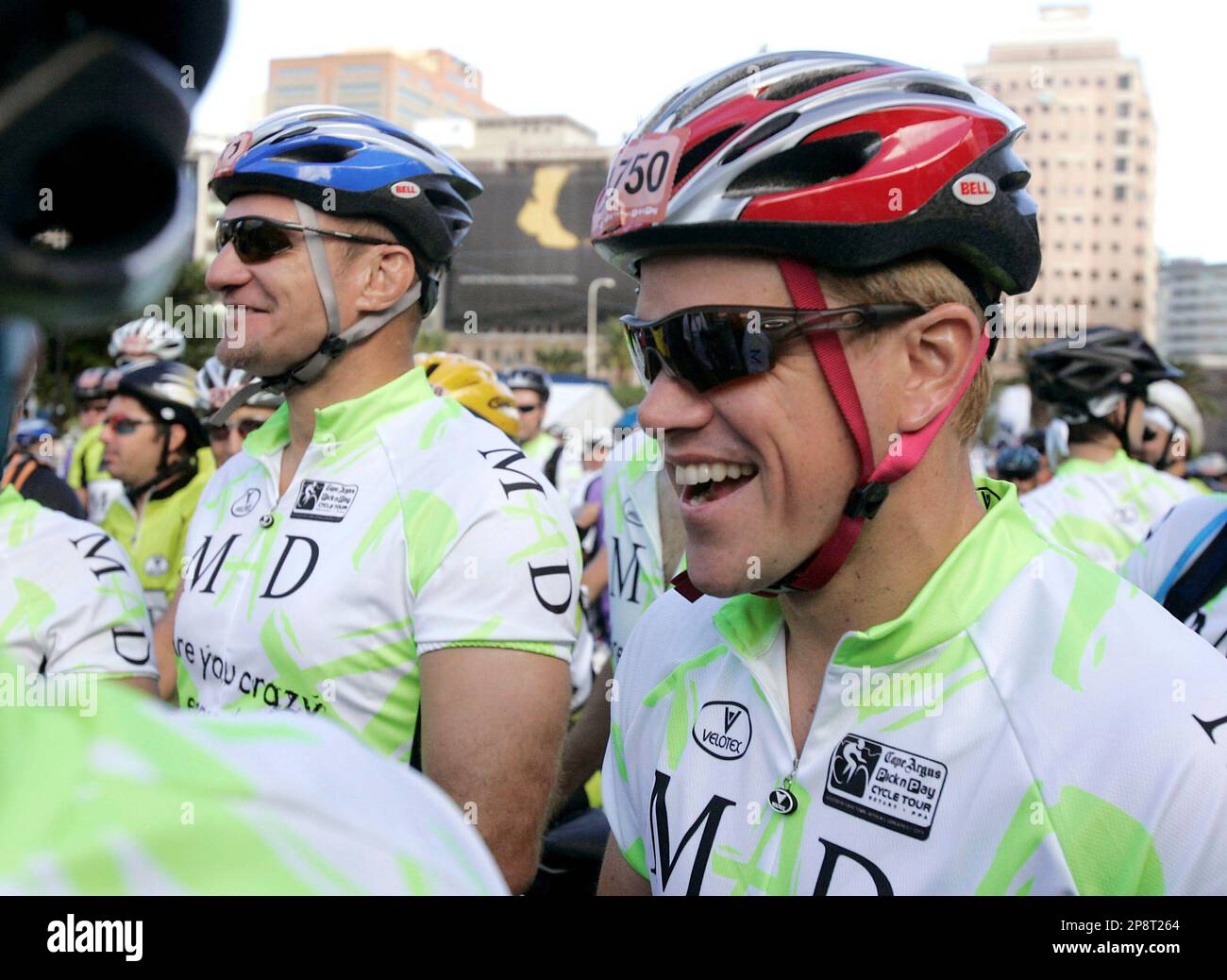 Actor Matt Damon, right, stands next to former South African rugby ...