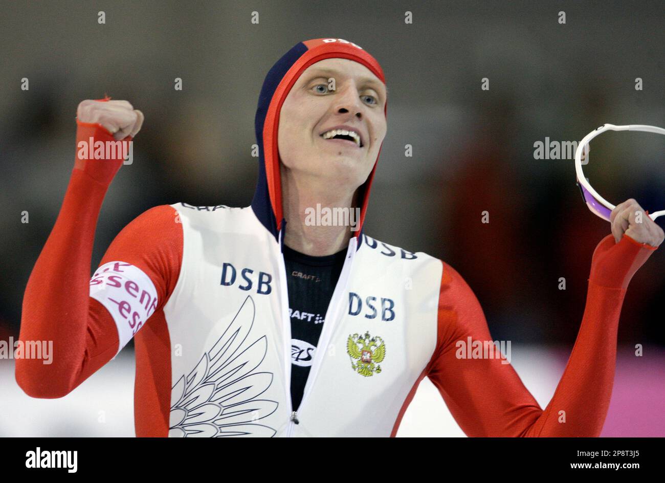 Russia's Ivan Skobrev celebrates after his effort in the men's 5000 ...