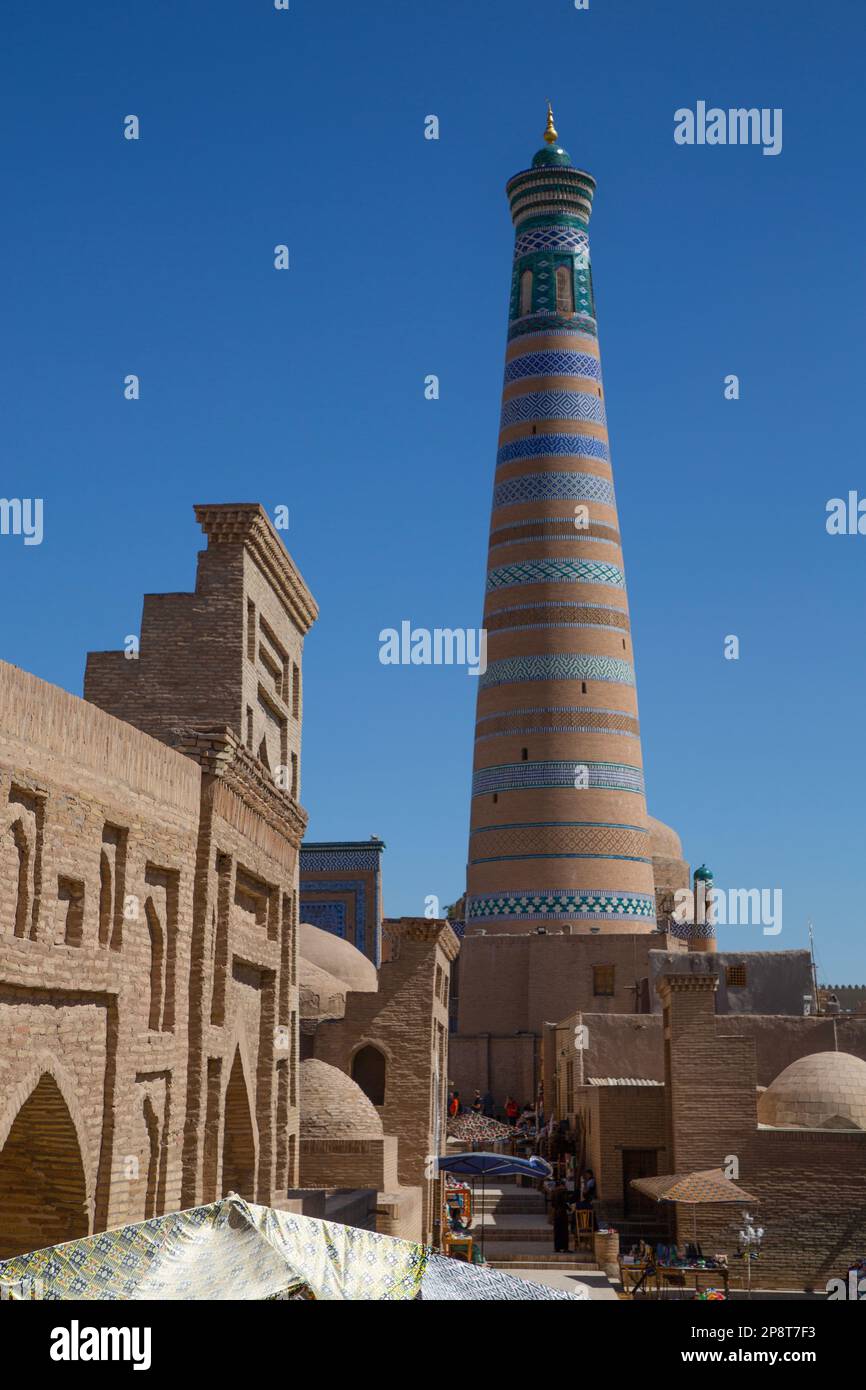 Shopping Street, Islam Khoja Minaret (background), Ichon Qala, Khiva ...