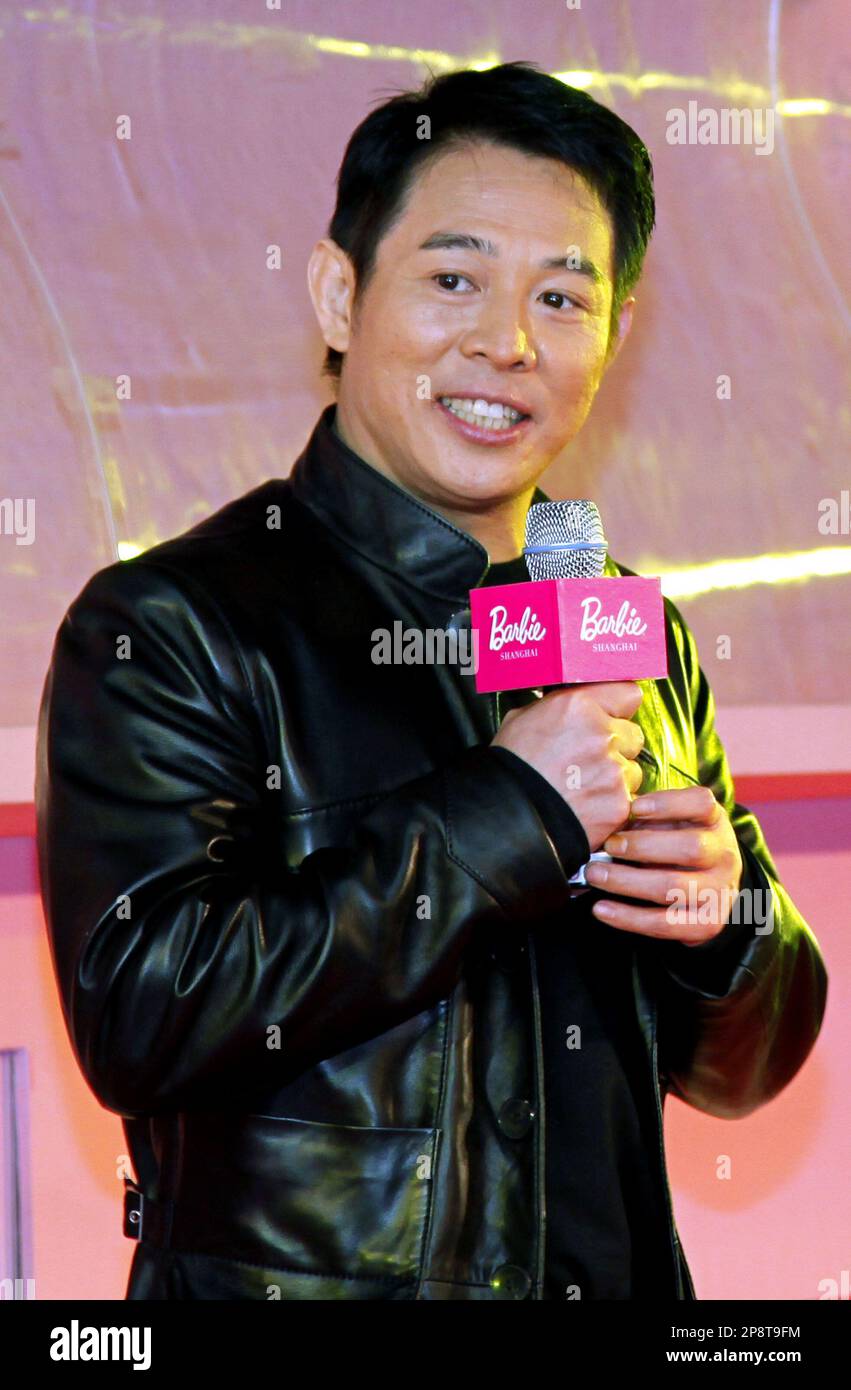 Film actor Jet Li speaks at the opening ceremony of Barbie Shanghai ...