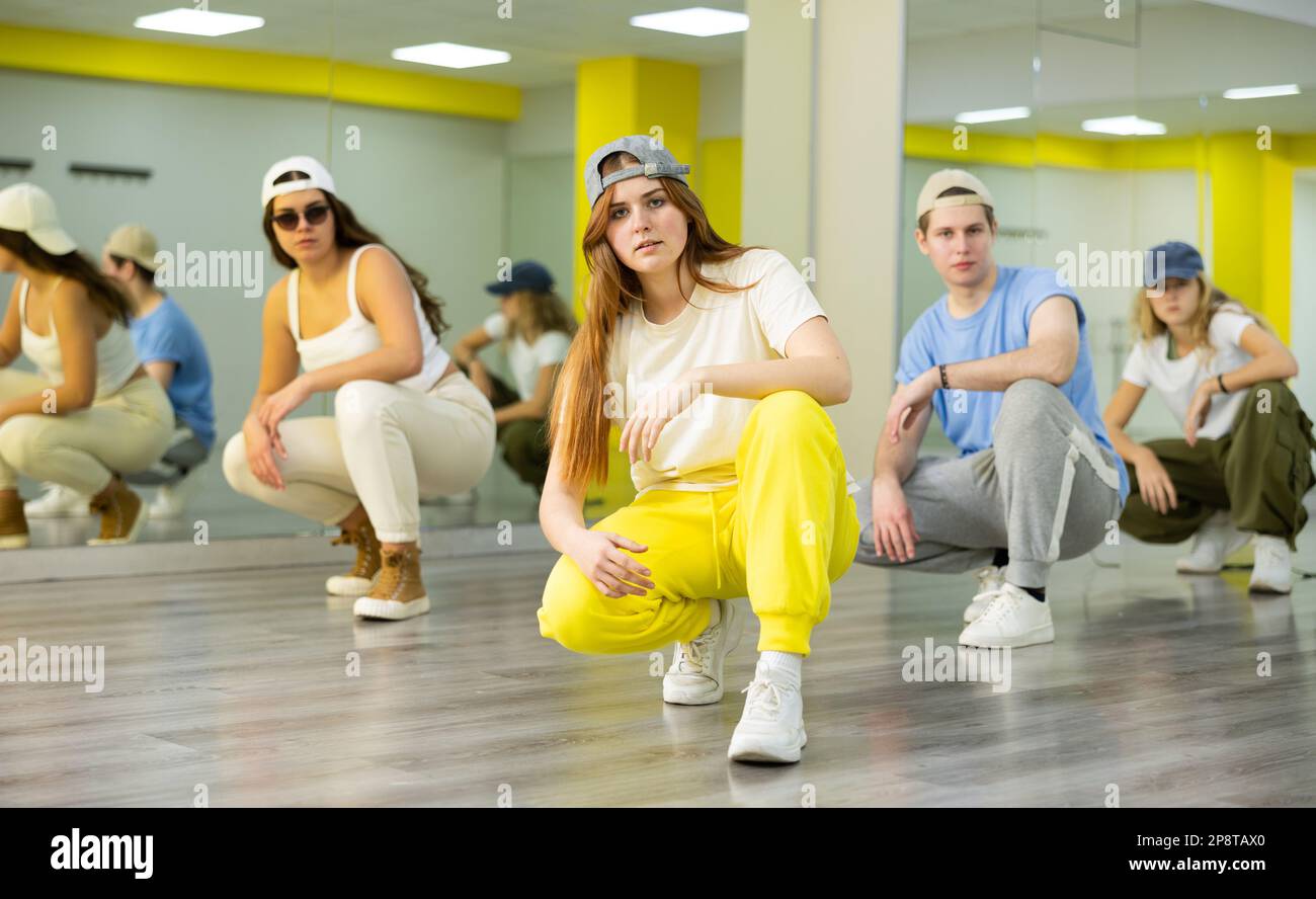Group portrait of talented active tween dancers in casual clothes ...