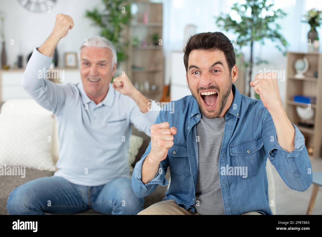 senior father and son cheering for their team Stock Photo - Alamy