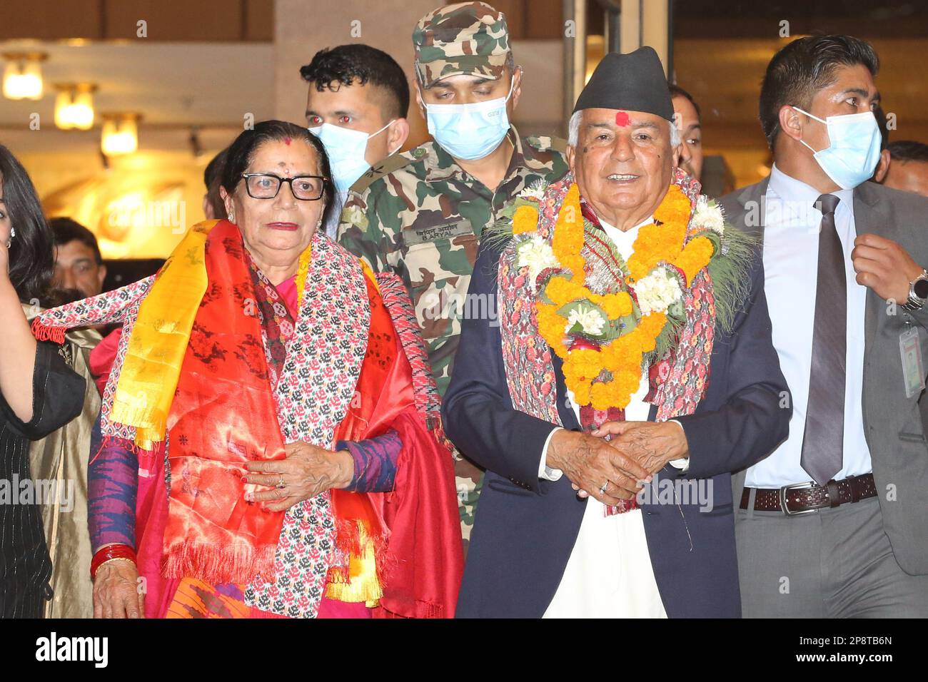 On March 9, 2023 in Kathmandu, Nepal. “Ram Chandra Poudel”, (R) leader ...