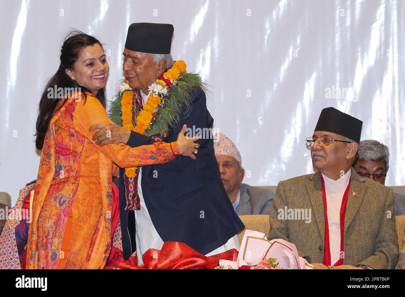 On March 9, 2023 in Kathmandu, Nepal. “Ram Chandra Poudel”(R), leader ...