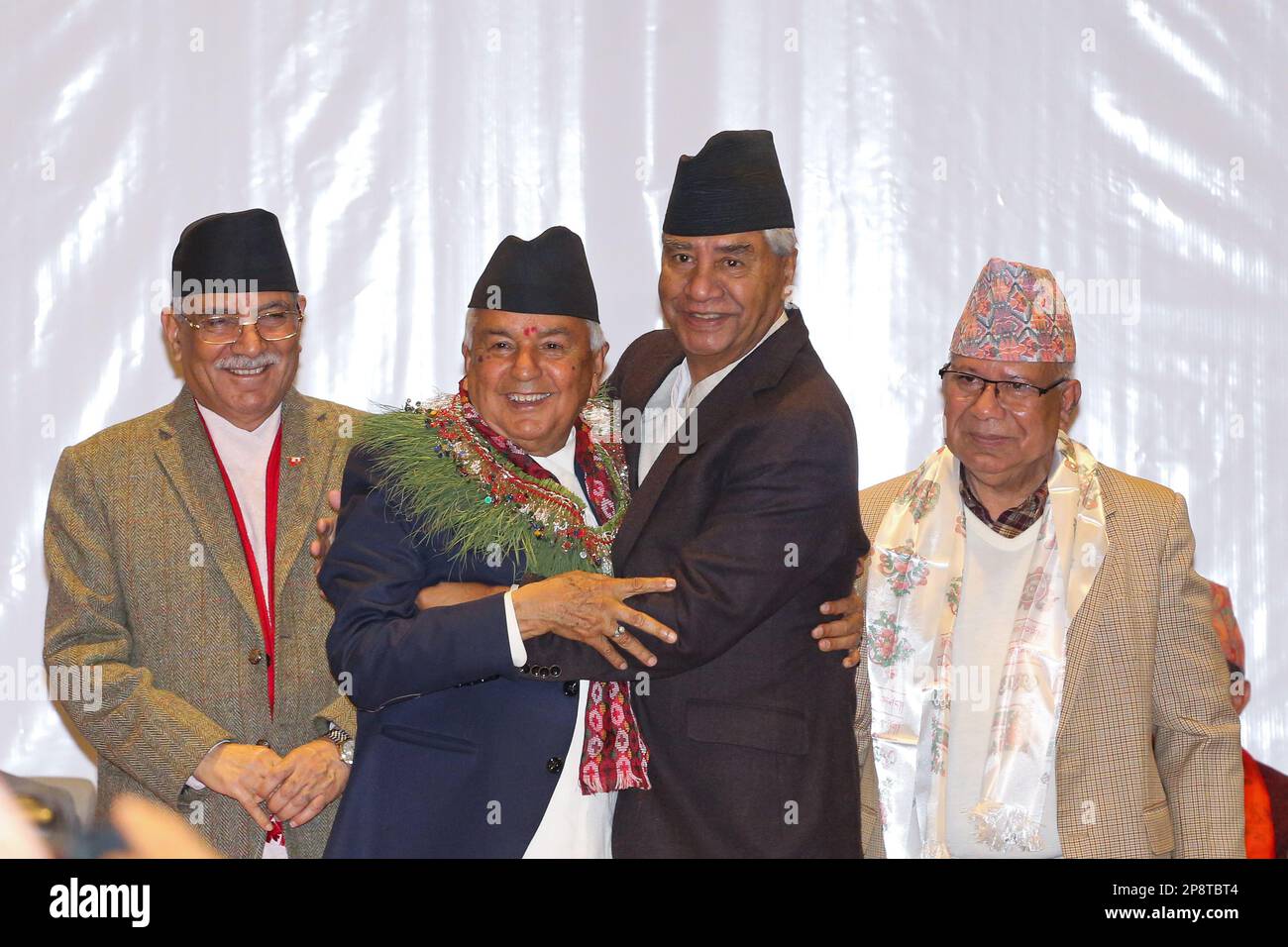 On March 9, 2023 in Kathmandu, Nepal. “Ram Chandra Poudel”(L), leader ...