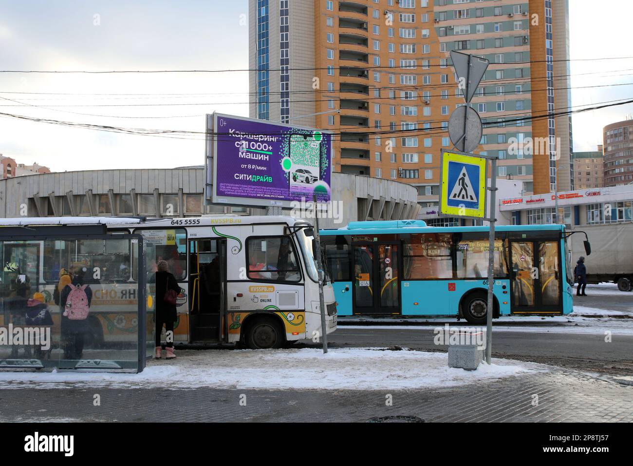 Russian Federation. Saint Petersburg. March 2023. Buses waiting for ...