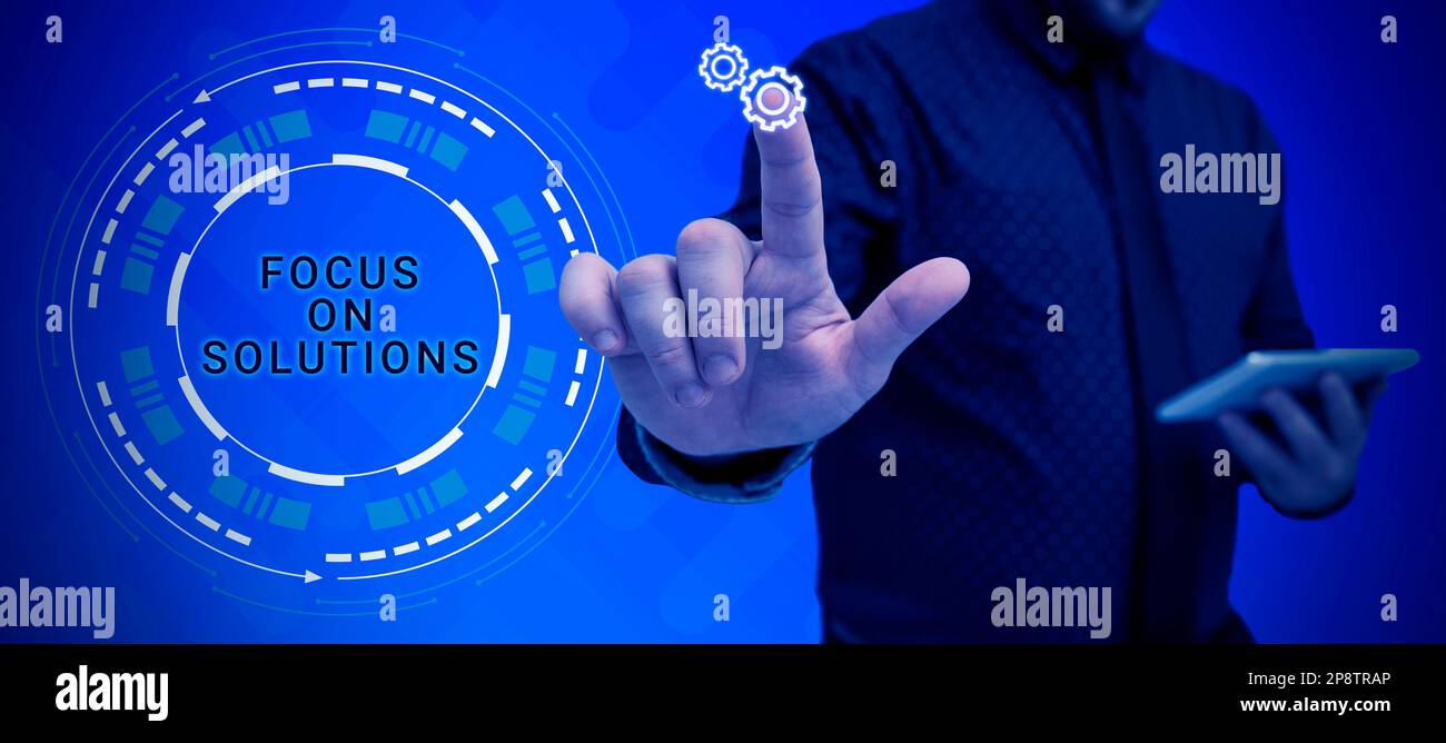 Hand writing sign Focus On Solutions. Business overview powerful ...