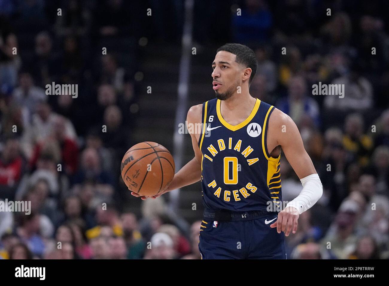 Indiana Pacers' Tyrese Haliburton dribbles during the first half of an ...