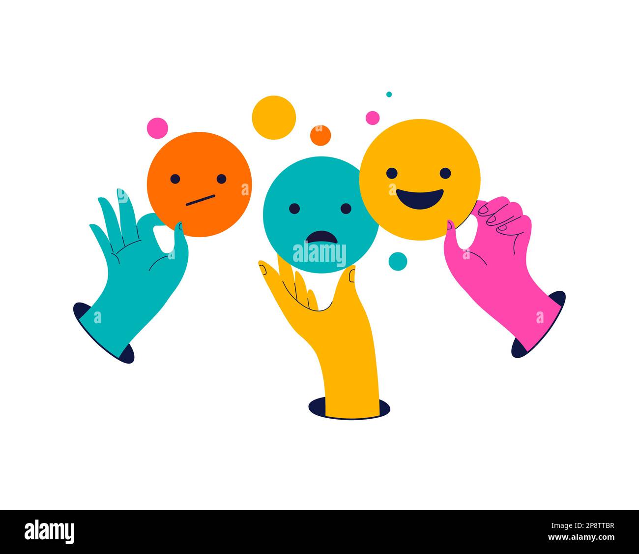 Collection of colorful hands holding emojis. Feedback, social media ...