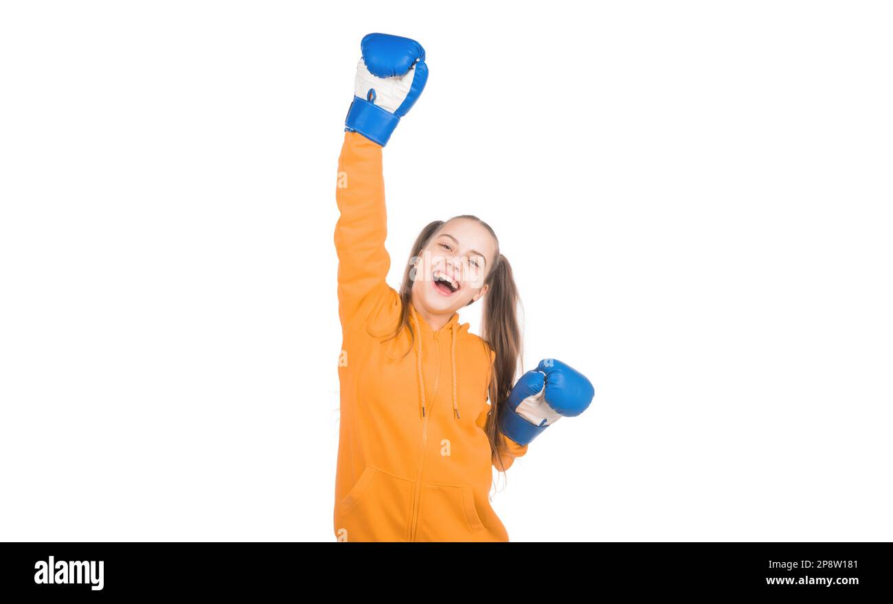 happy child boxer in boxing gloves celebrating victory in fight ...