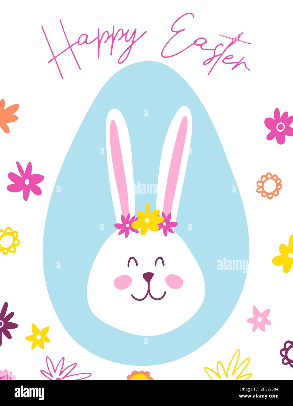 Happy Easter graphic greeting card. Hand drawn colorful plants and ...